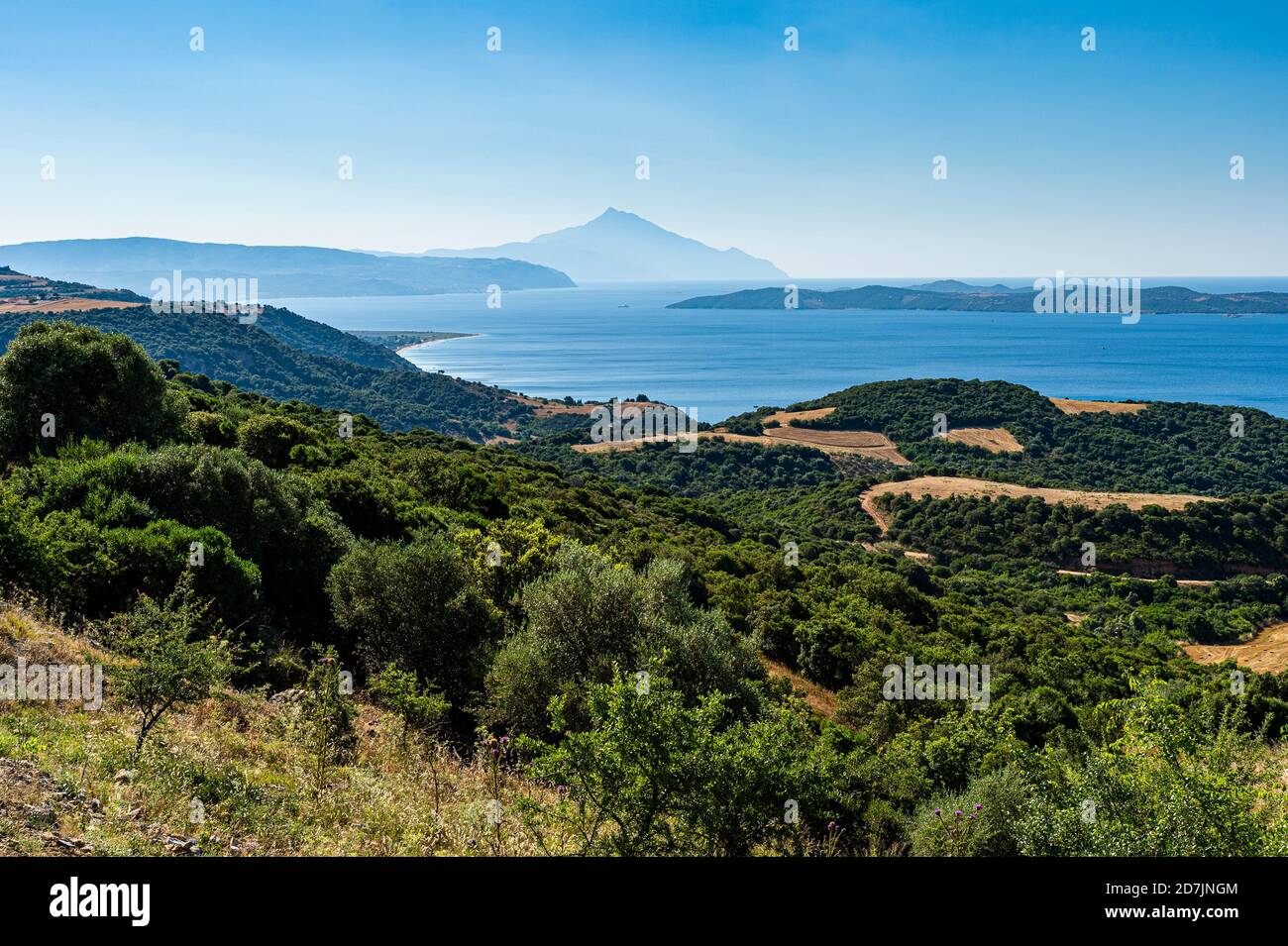 Overlook of bay of mount athos peninsula in summer hi-res stock ...