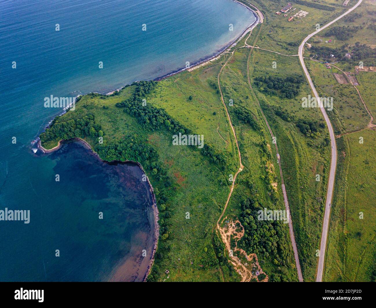 Russia, Primorsky Krai, Zarubino, Aerial view of coastal roads ...