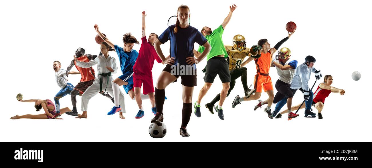 Sport collage of professional athletes or players on white background ...