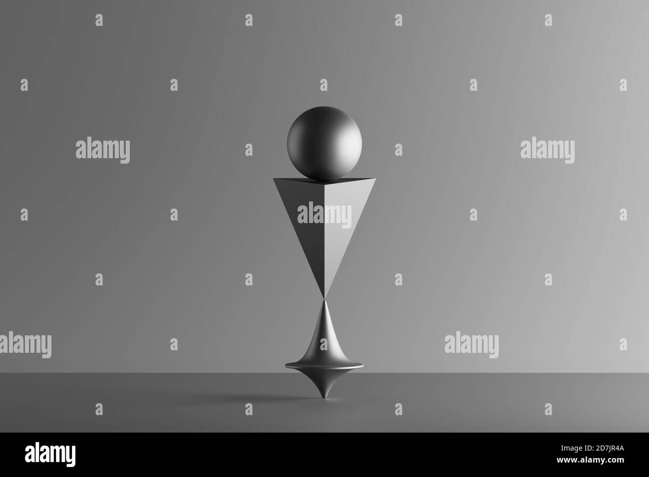 Three dimensional render of metallic top spinning under geometric ...