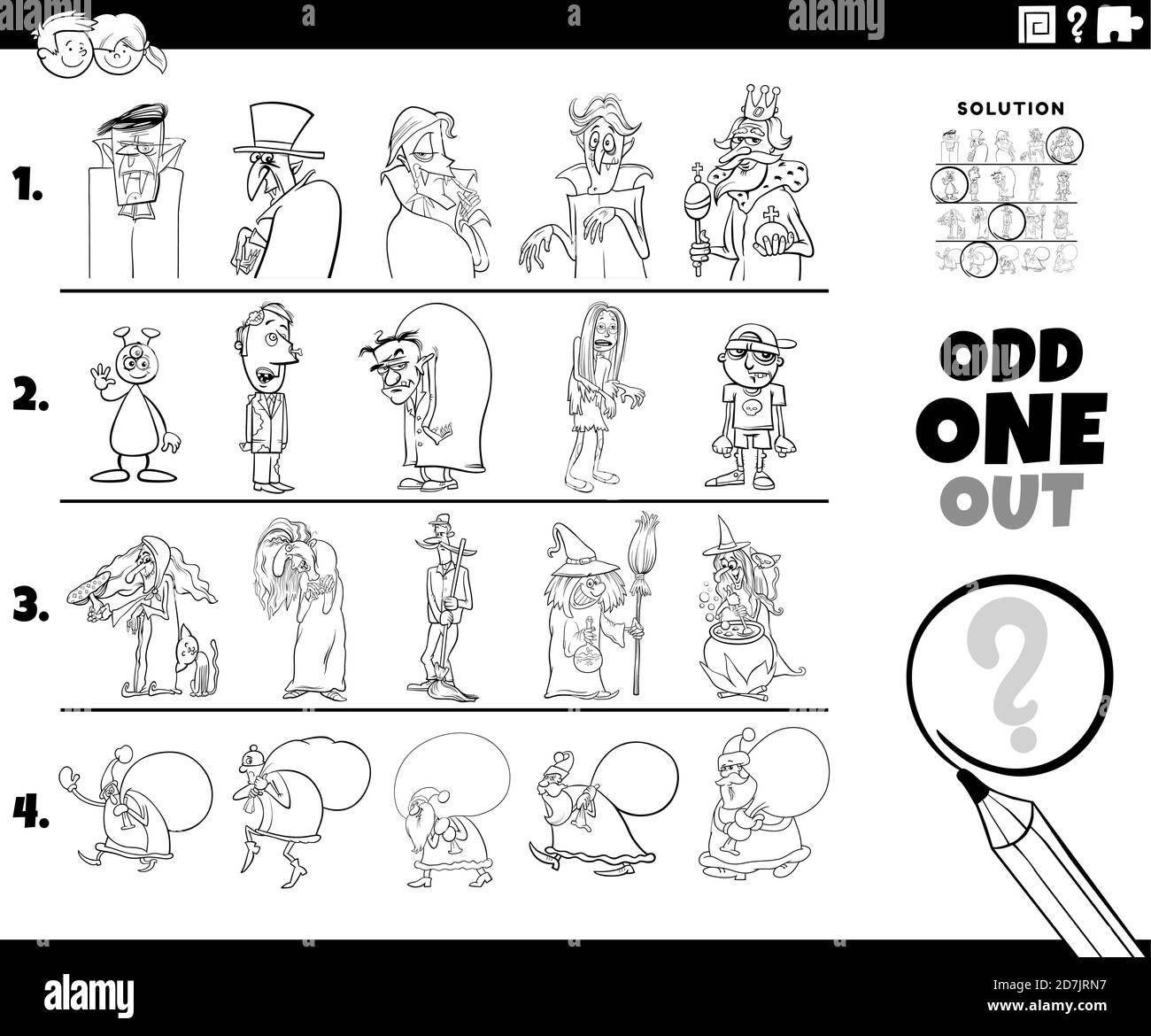 Black and White Cartoon illustration of odd one oute picture in a row ...