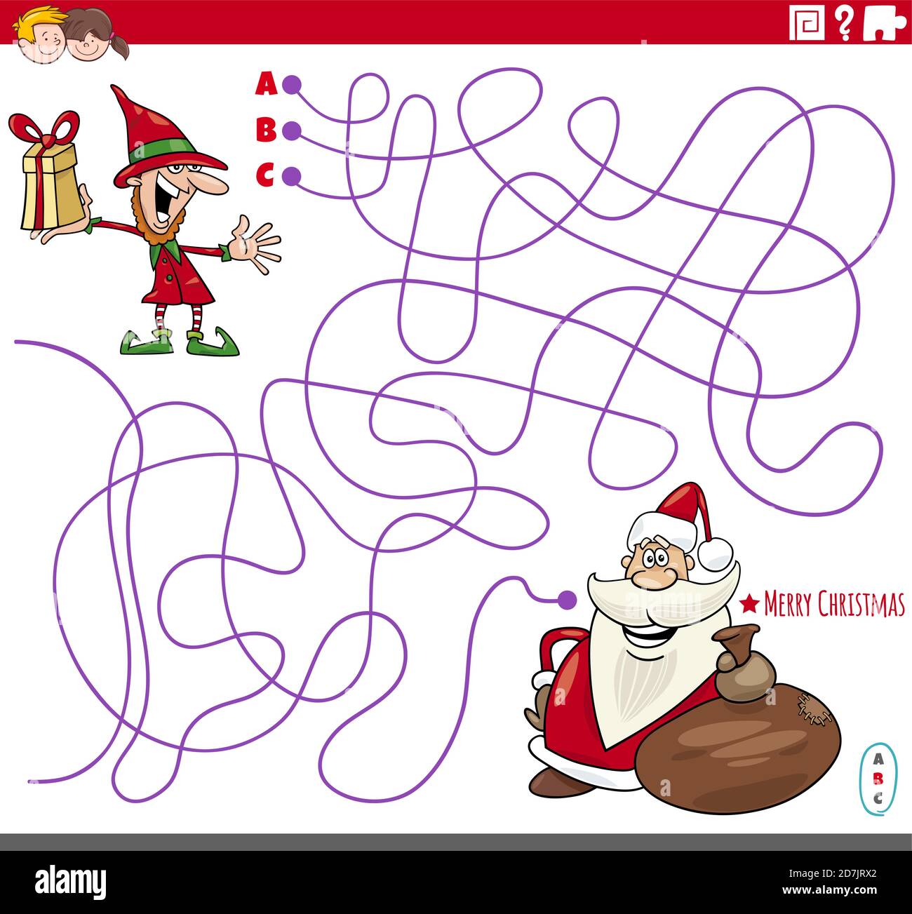 Cartoon illustration of lines maze puzzle game with Santa Claus and ...