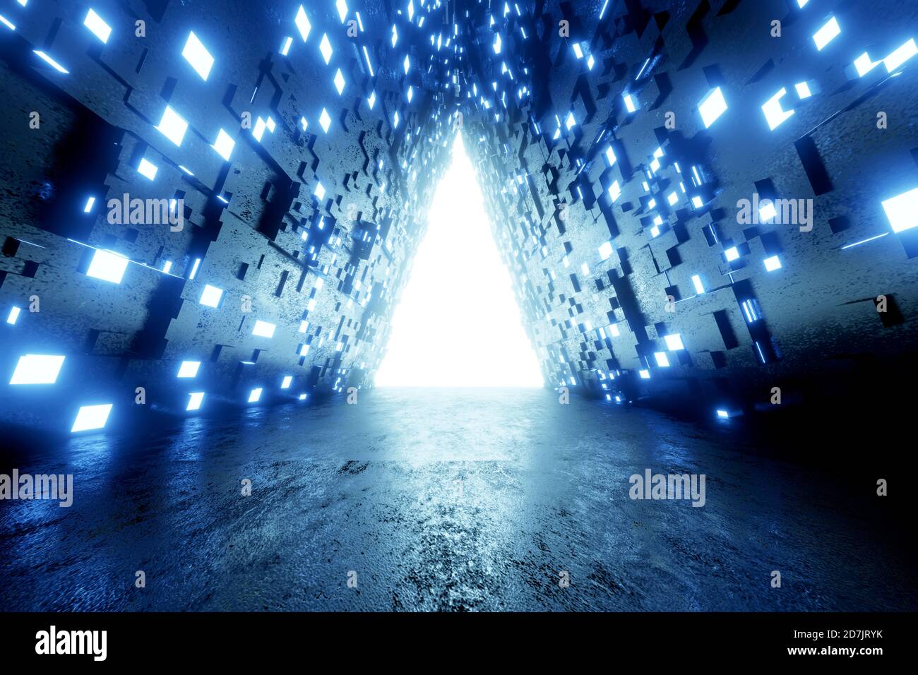 Three dimensional render of blue glowing triangle shaped gate Stock ...