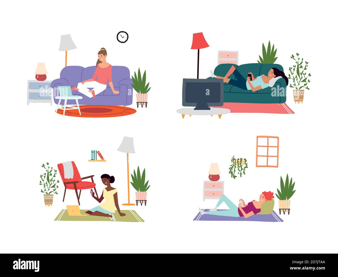 women in the room doing different activity, indoor activities vector ...