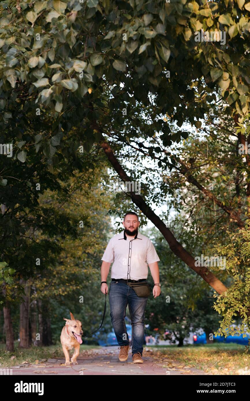 Man walking with dog in public park Stock Photo - Alamy