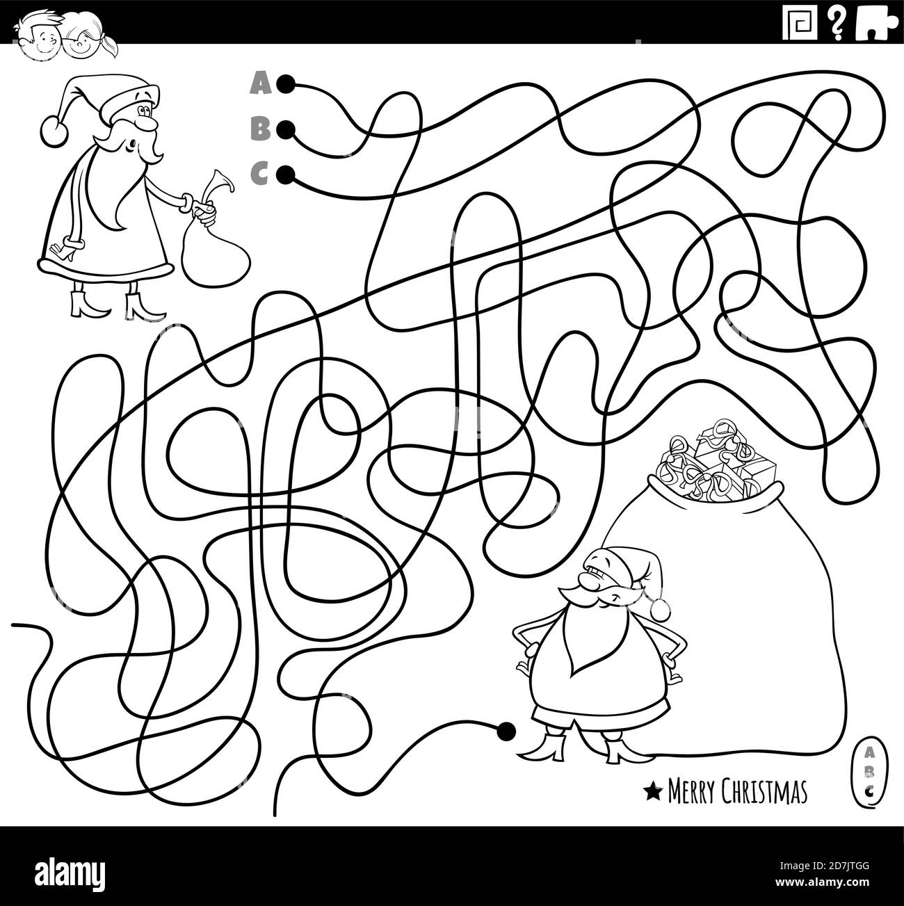 Black and white cartoon illustration of lines maze puzzle game with ...
