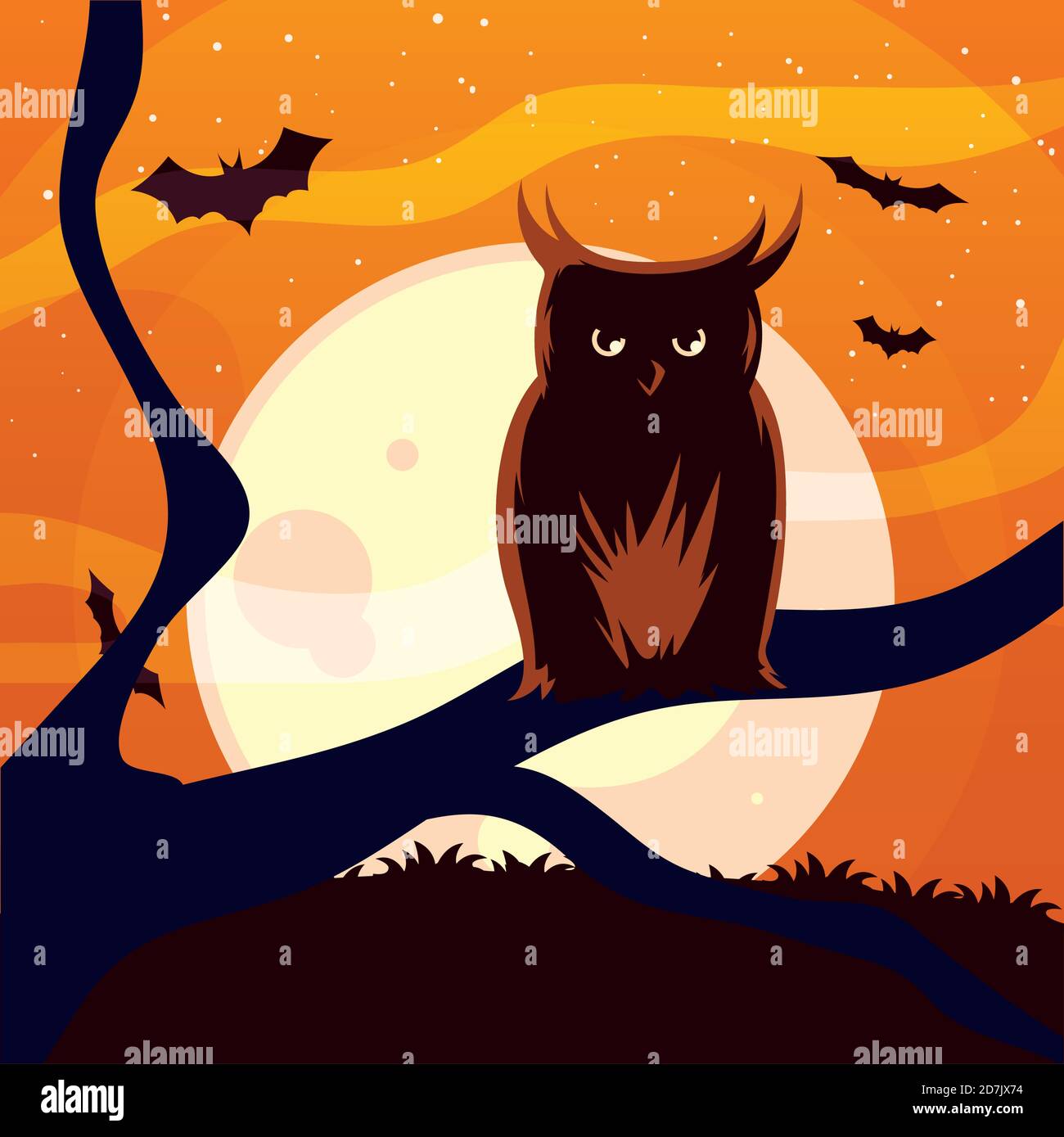 Halloween owl cartoon on tree in front of moon design, Holiday and ...