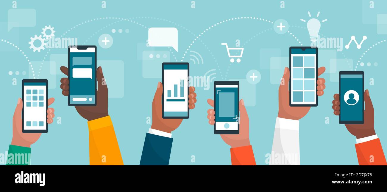 Crowd of people holding smartphones and using apps, communications and ...