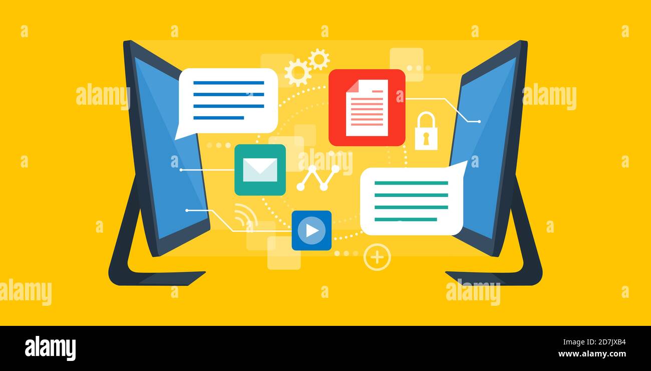 Computers sharing files, data transfer and social media concept Stock ...