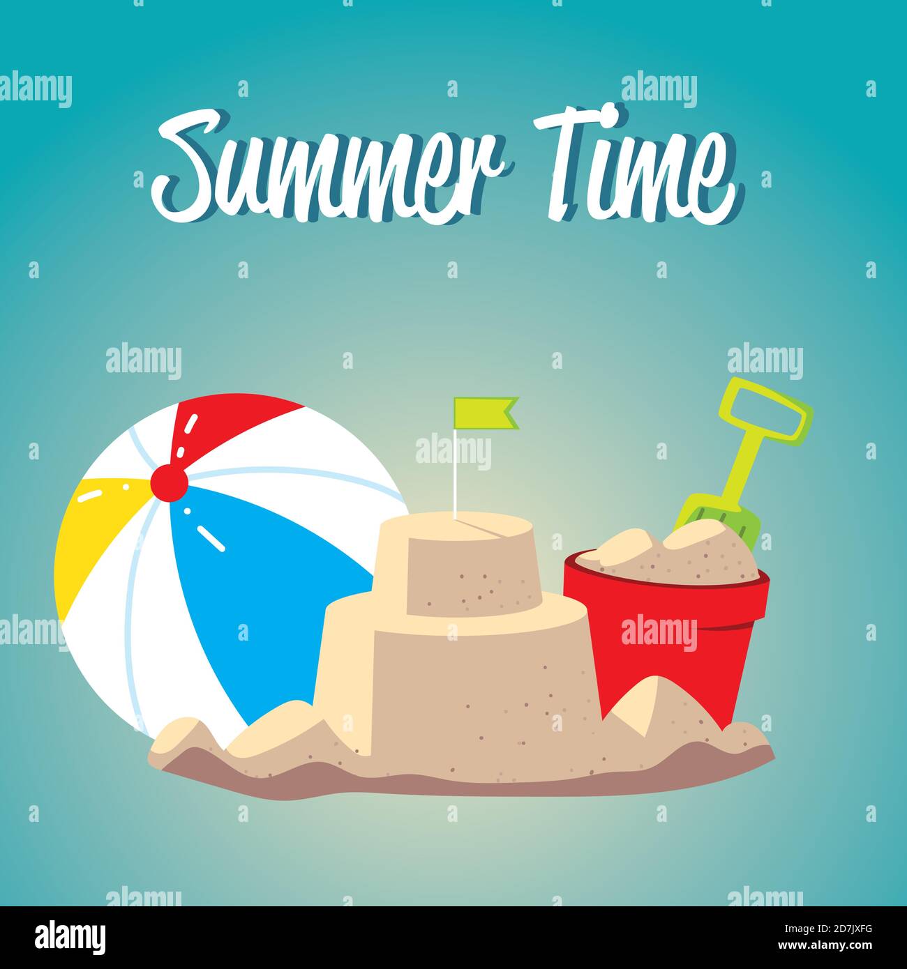 summer vacation travel, sandcastle ball bucket with shovel vector ...