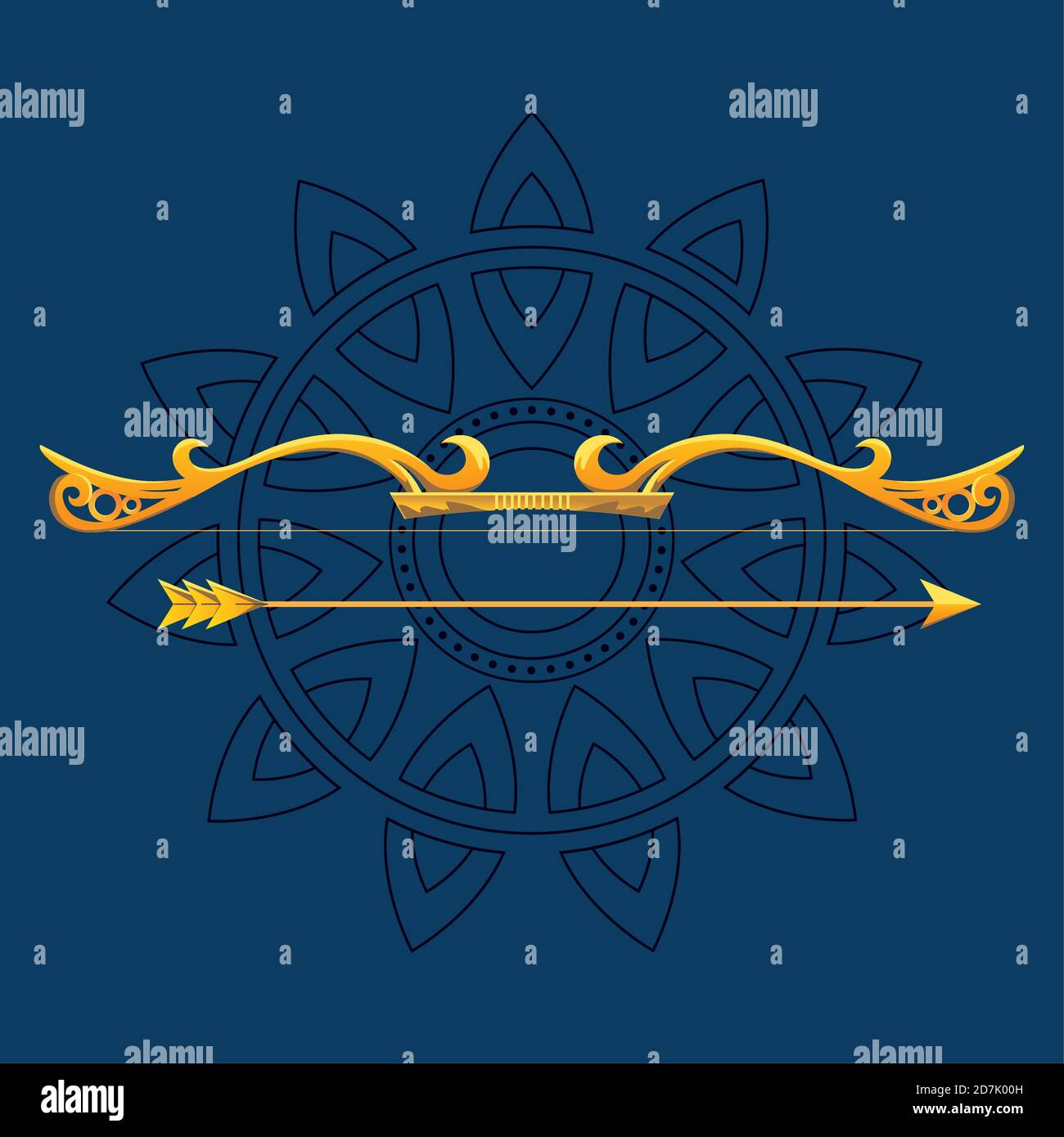 gold bow with arrow in front of mandala ornament on blue background ...