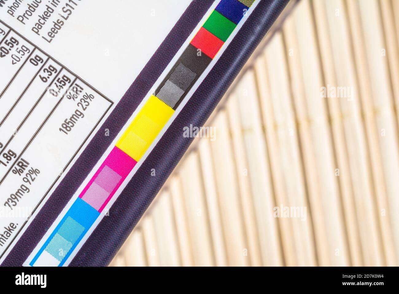 Colour registration strip on ASDA food packaging. For CMYK process ...