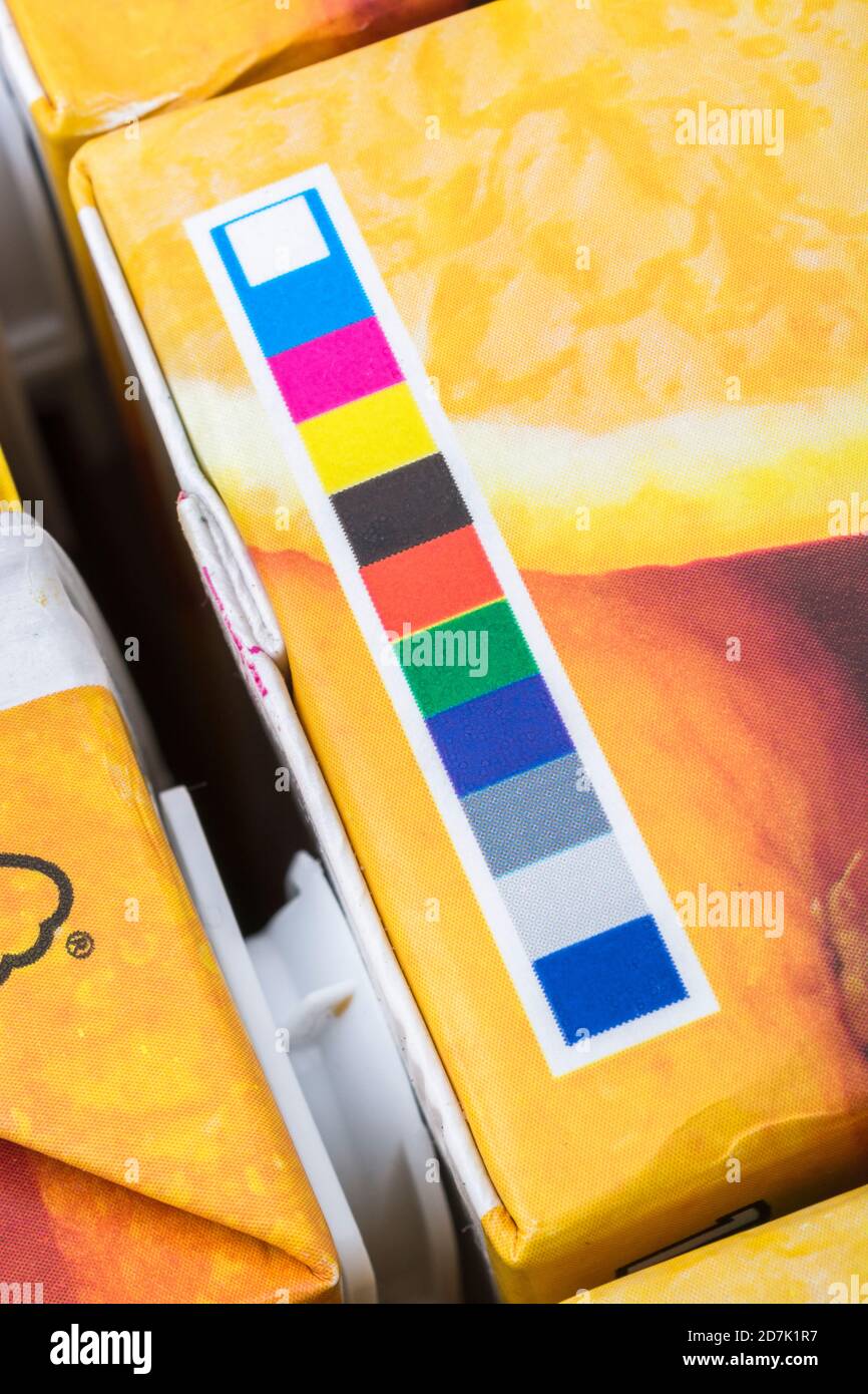 Colour registration strip on ASDA food packaging. For CMYK process ...
