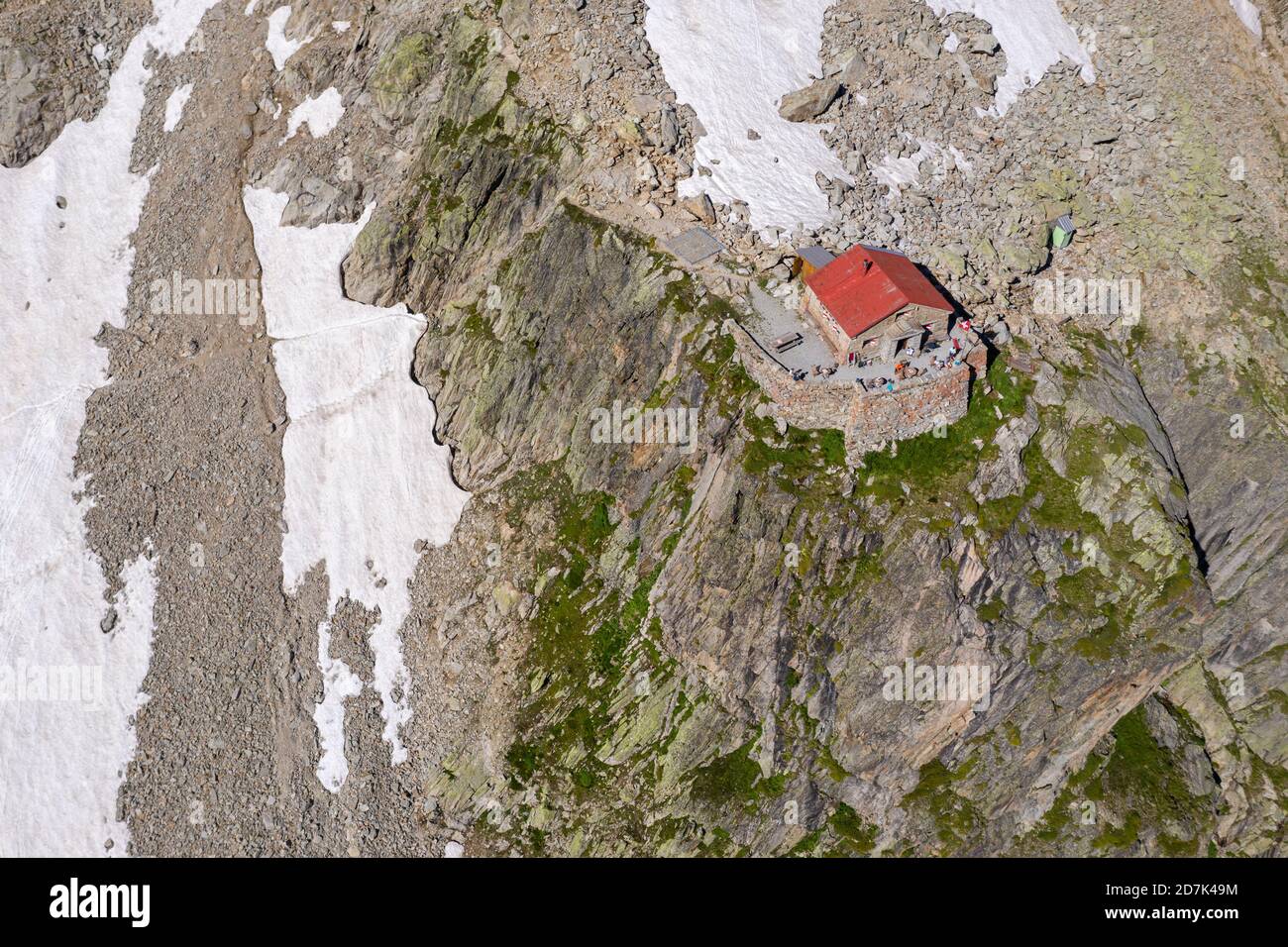 Aerial view of mountain hut Cabane de l'A Neuve, located on a steep ...