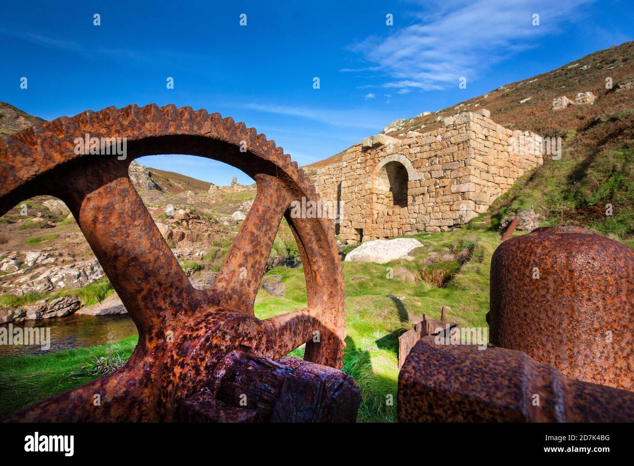 Old tin mines in the Kenidjack Valley, St Just, Cornwall, UK with an ...