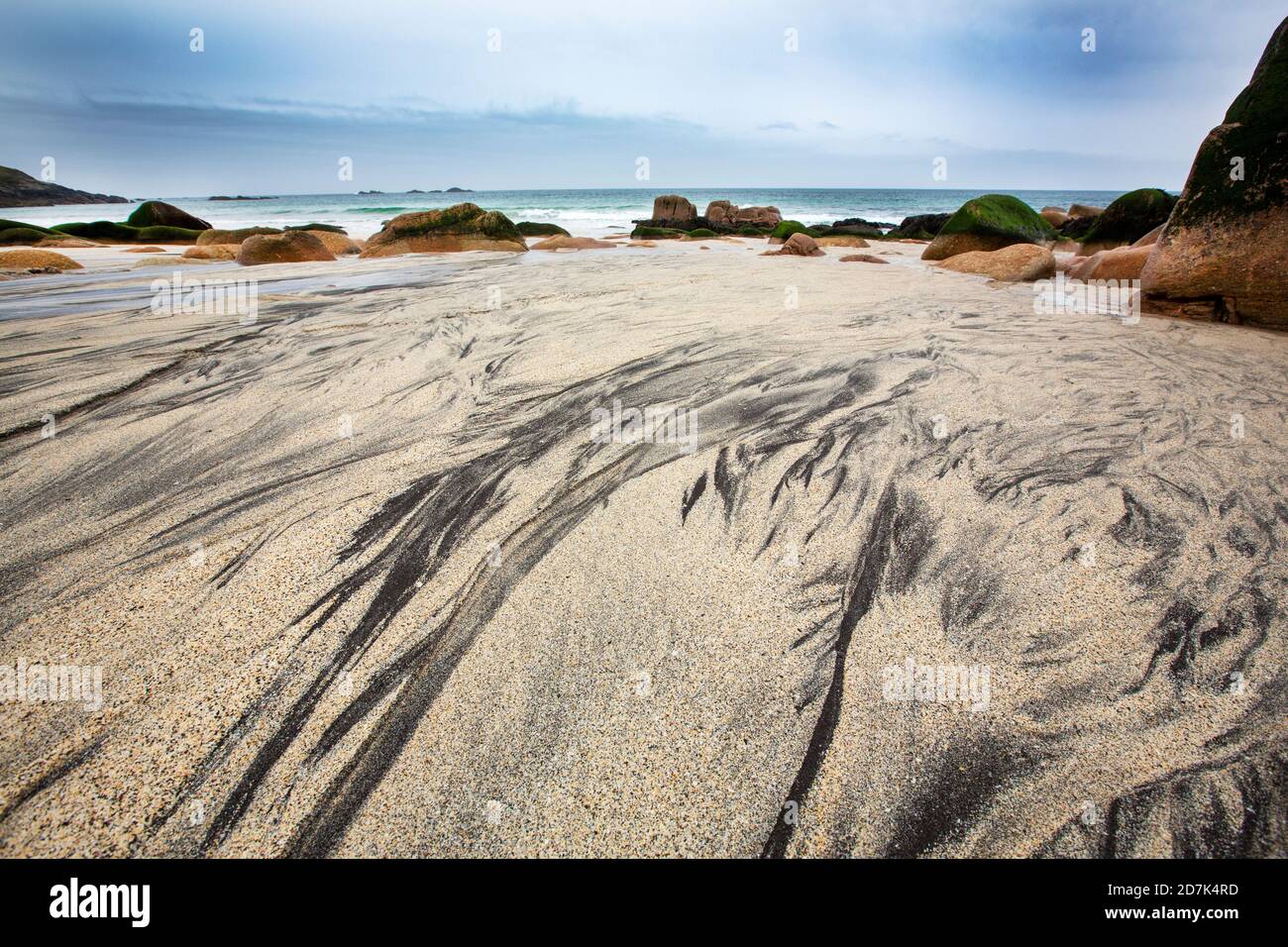 Patterns in the sand on Portheras Cove beach, Cornwall, UK Stock Photo ...