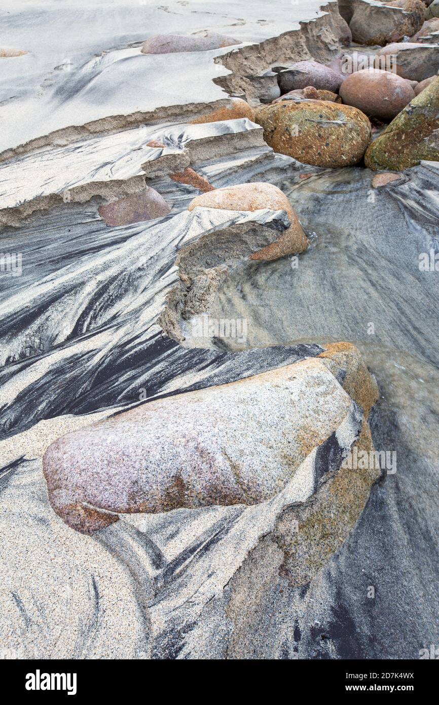 Patterns in the sand on Portheras Cove beach, Cornwall, UK Stock Photo ...