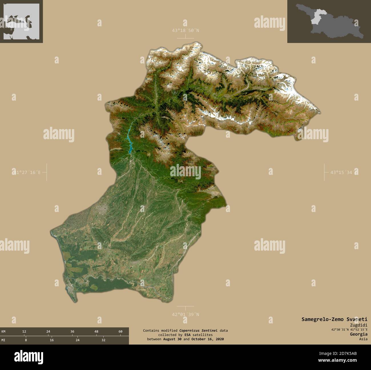 Samegrelo-Zemo Svaneti, region of Georgia. Sentinel-2 satellite imagery ...