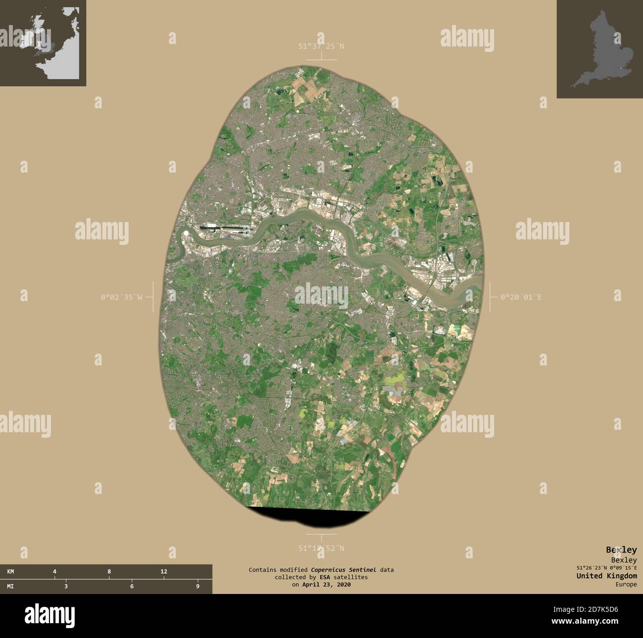 Bexley, london borough of United Kingdom. Sentinel-2 satellite imagery ...