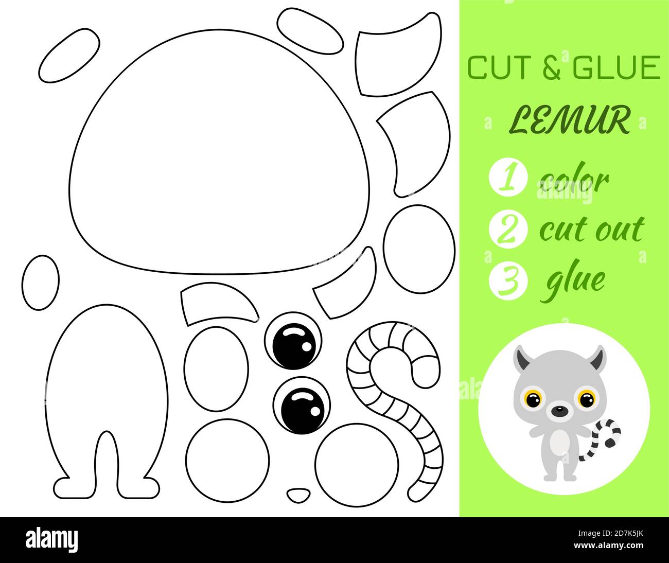 Coloring book cut and glue baby lemur. Educational paper game for ...