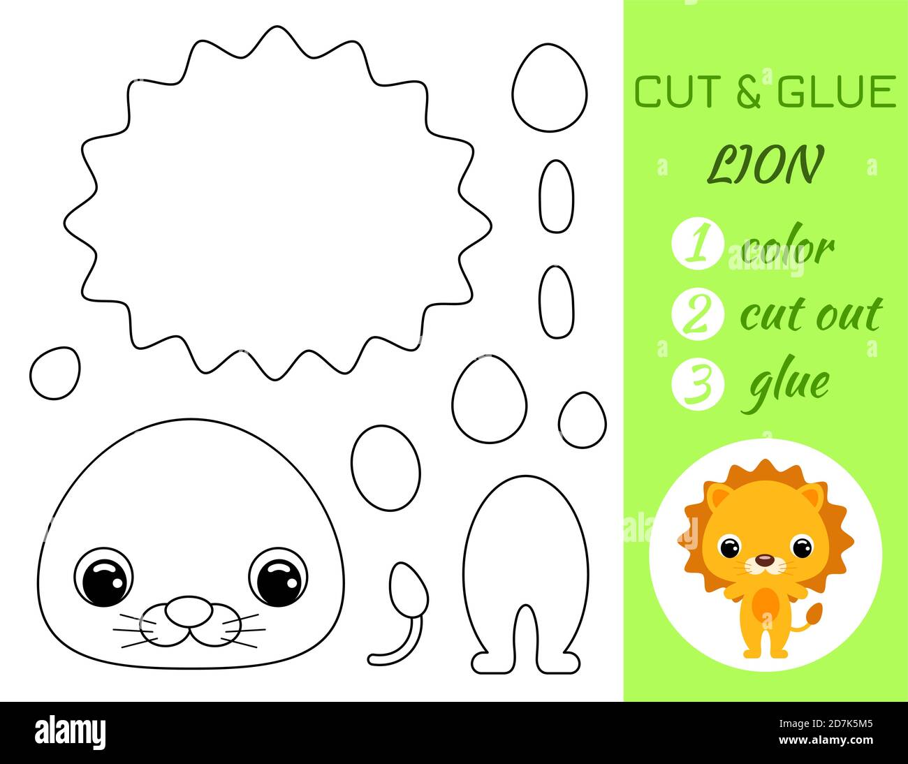 Coloring book cut and glue baby lion. Educational paper game for ...