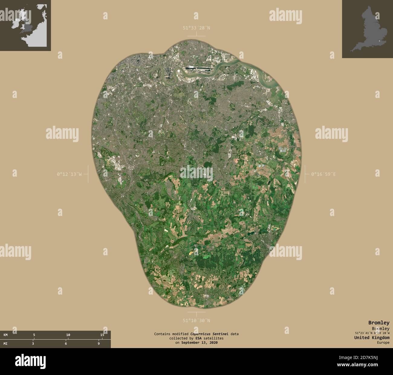 Bromley, london borough of United Kingdom. Sentinel-2 satellite imagery ...