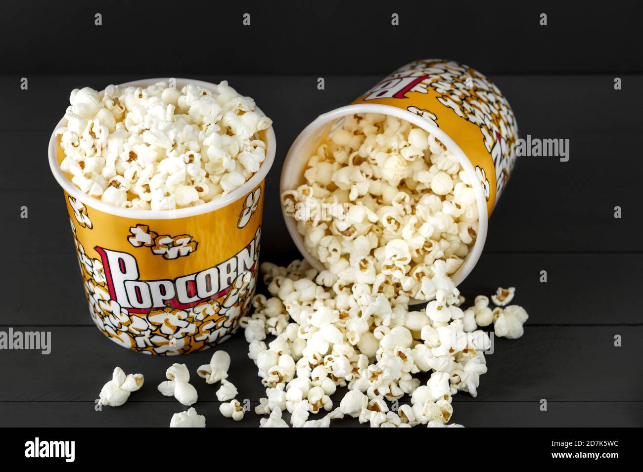 High angle shot of two buckets of popcorn Stock Photo - Alamy