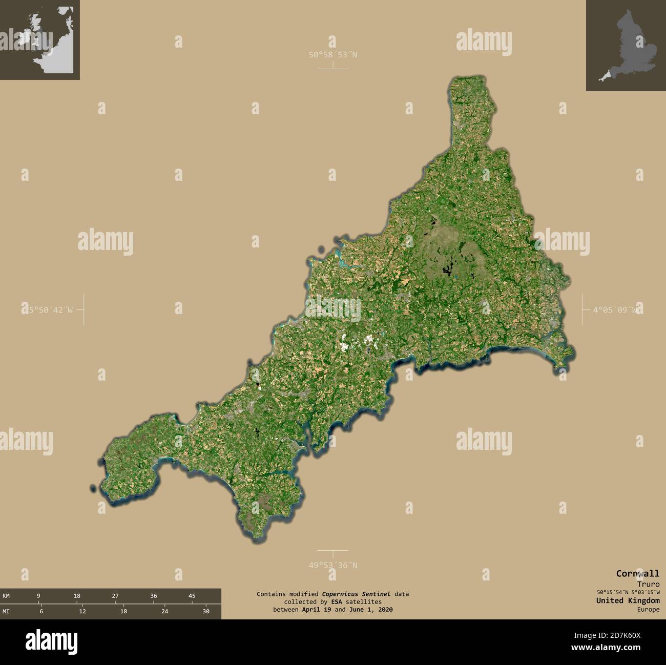 Cornwall, administrative county of United Kingdom. Sentinel-2 satellite ...