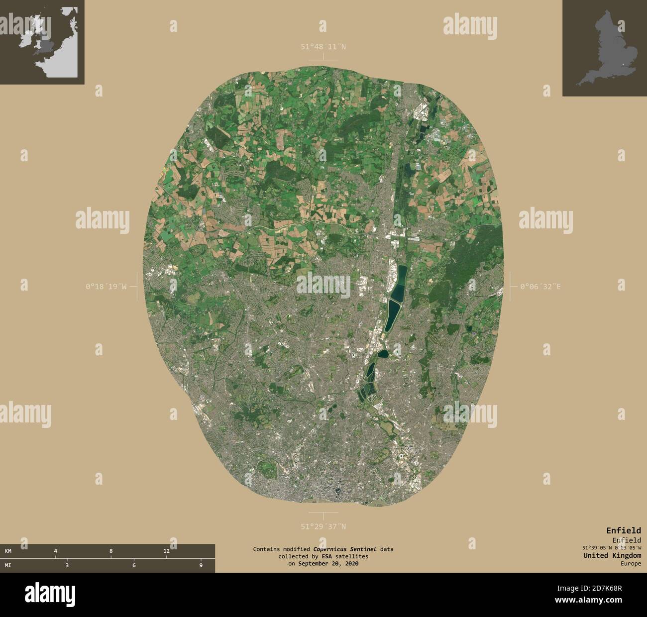 Enfield, london borough of United Kingdom. Sentinel-2 satellite imagery ...