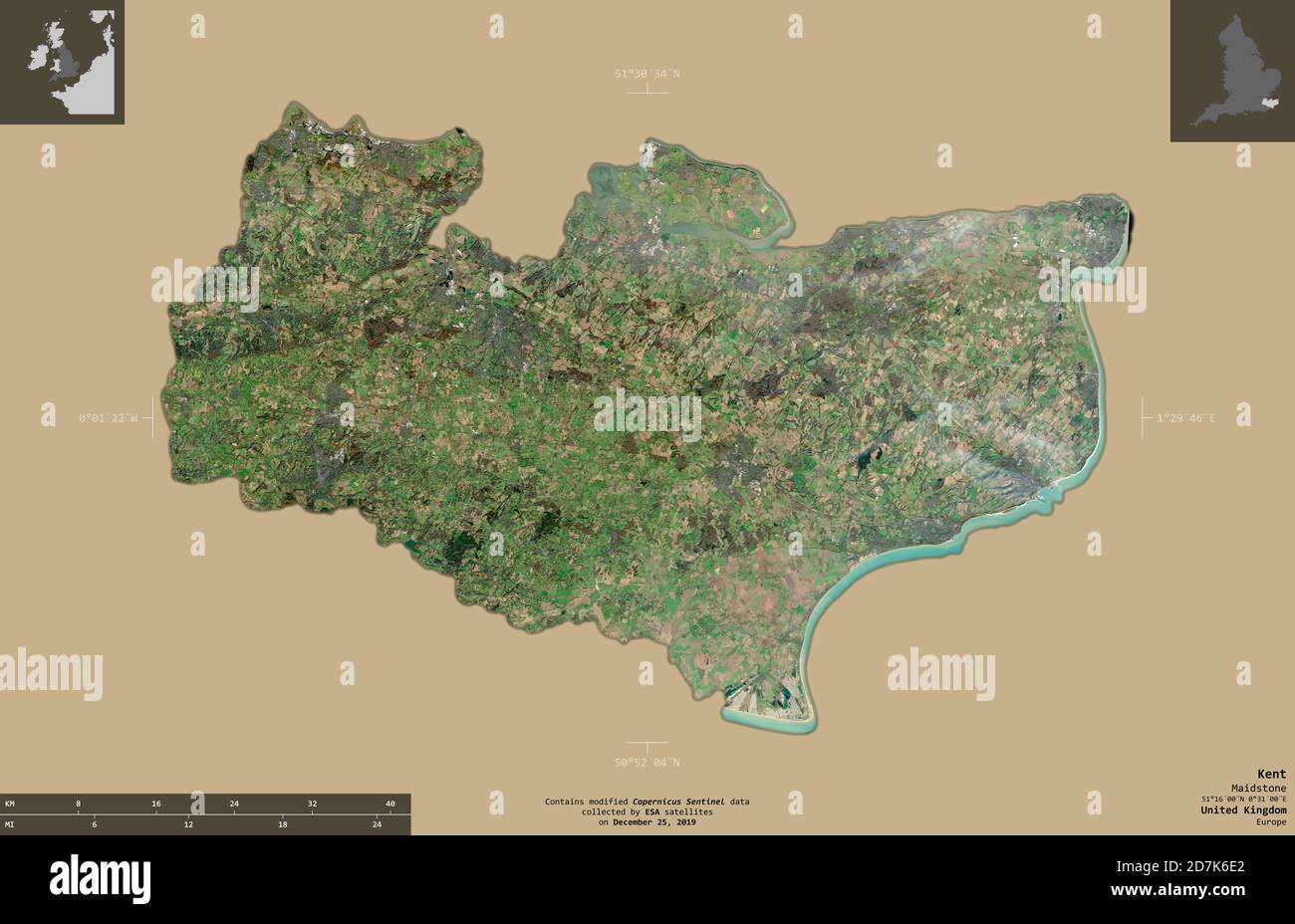 Kent, administrative county of United Kingdom. Sentinel-2 satellite ...