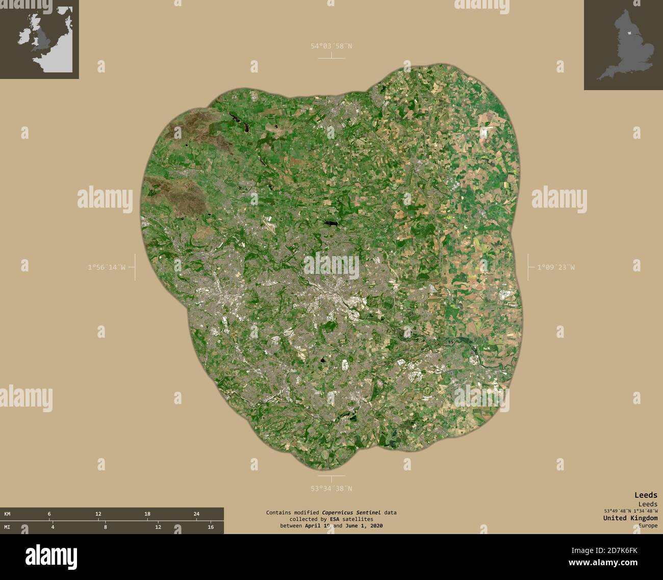 Leeds, administrative county of United Kingdom. Sentinel-2 satellite ...