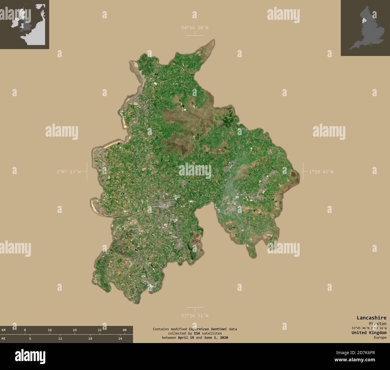 Lancashire, administrative county of United Kingdom. Sentinel-2 ...