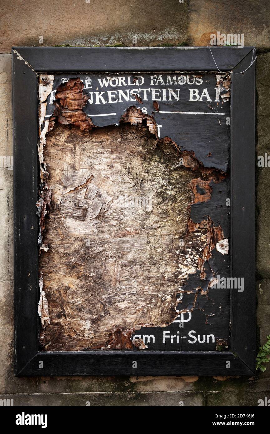 Old sign for the "world famous" Frankenstein Bar, Edinburgh, Scotland ...