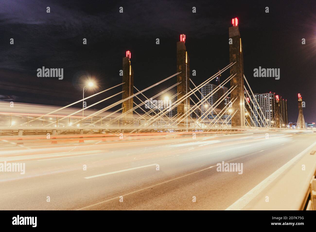 Night traffic bridge long exposure of car line lights transport dark ...