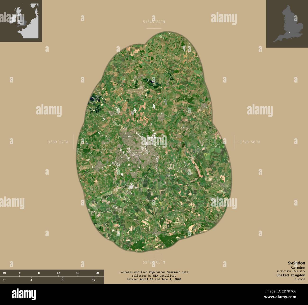Swindon, unitary authority of United Kingdom. Sentinel-2 satellite ...
