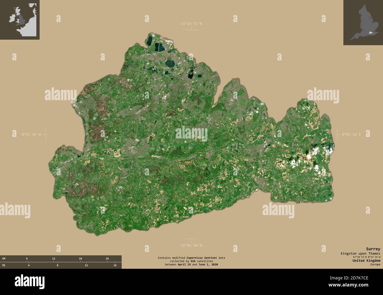 Surrey, administrative county of United Kingdom. Sentinel-2 satellite ...