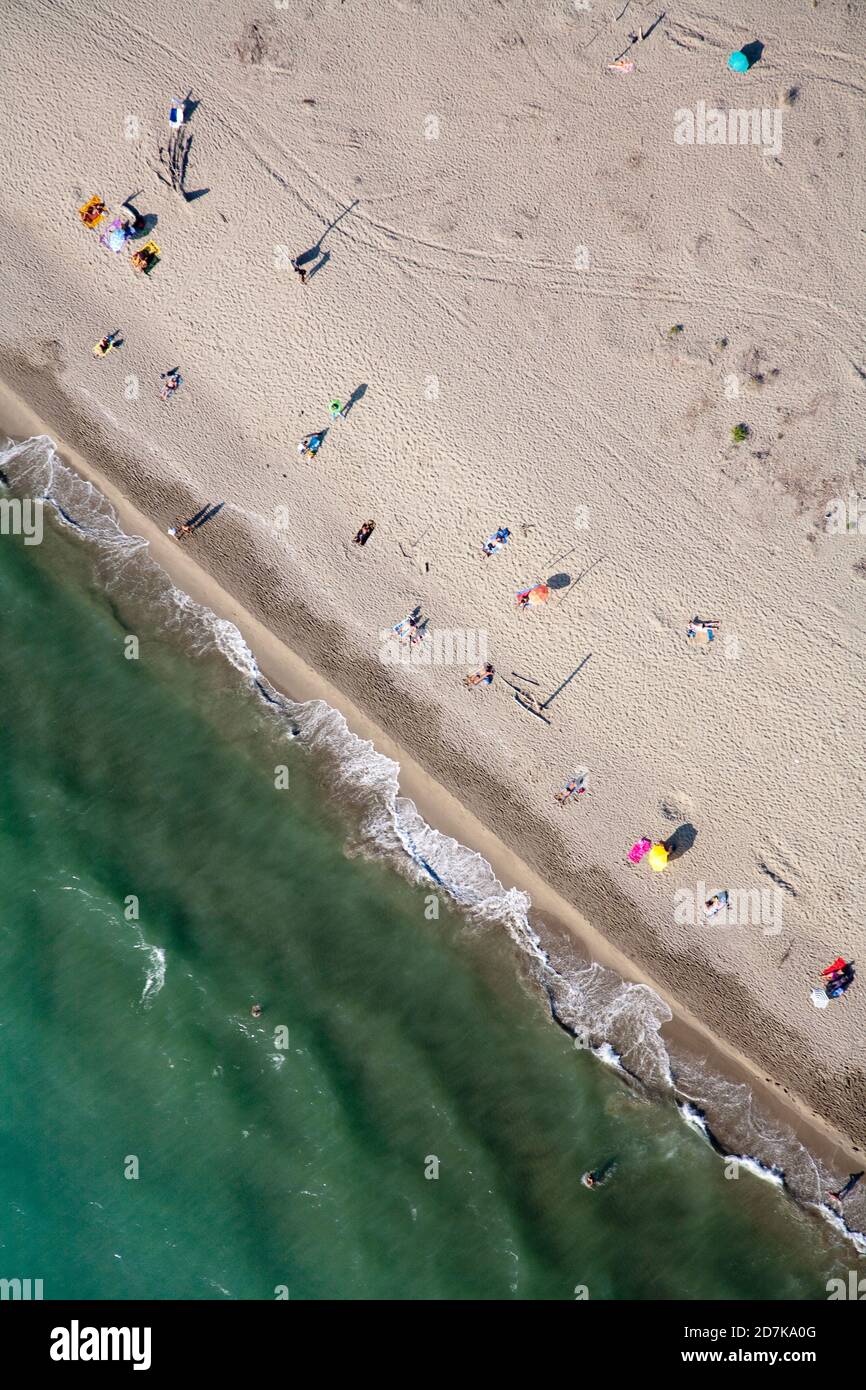 aerial view of the Lecciona beach in Viareggio, Torre del Lago, Tuscany ...