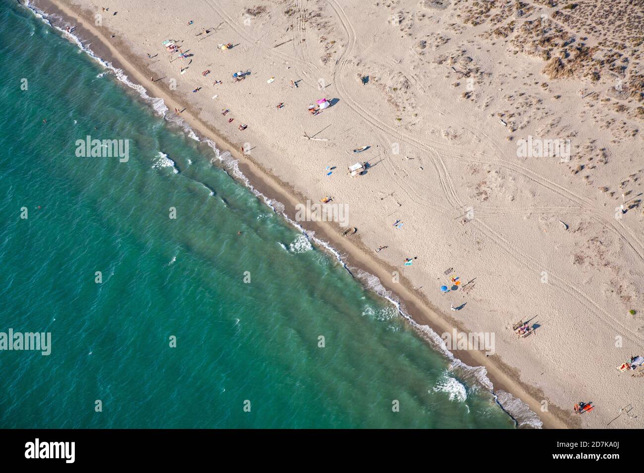 aerial view of the Lecciona beach in Viareggio, Torre del Lago, Tuscany ...