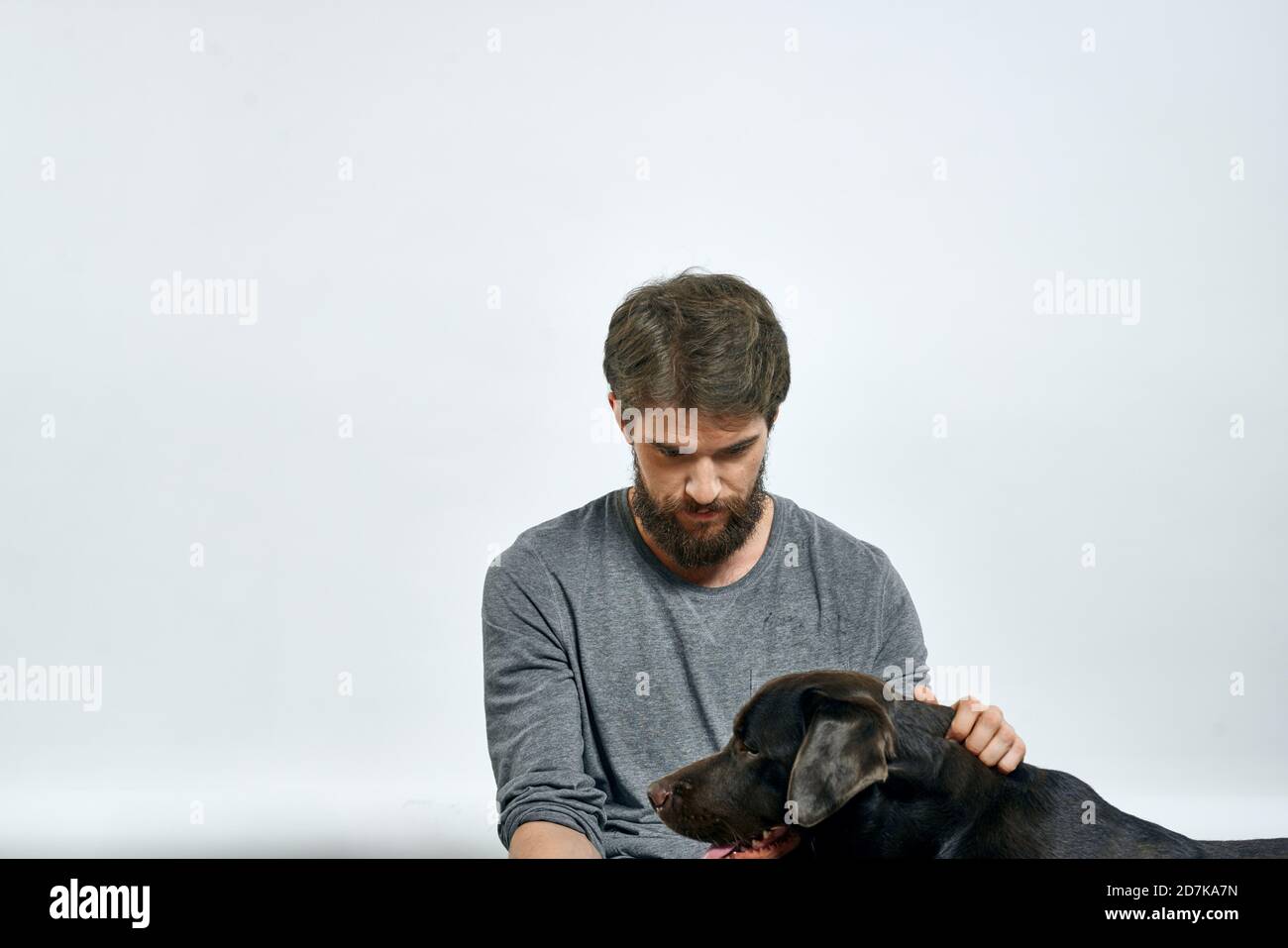 happy owner with pet black dog training model emotions Stock Photo - Alamy