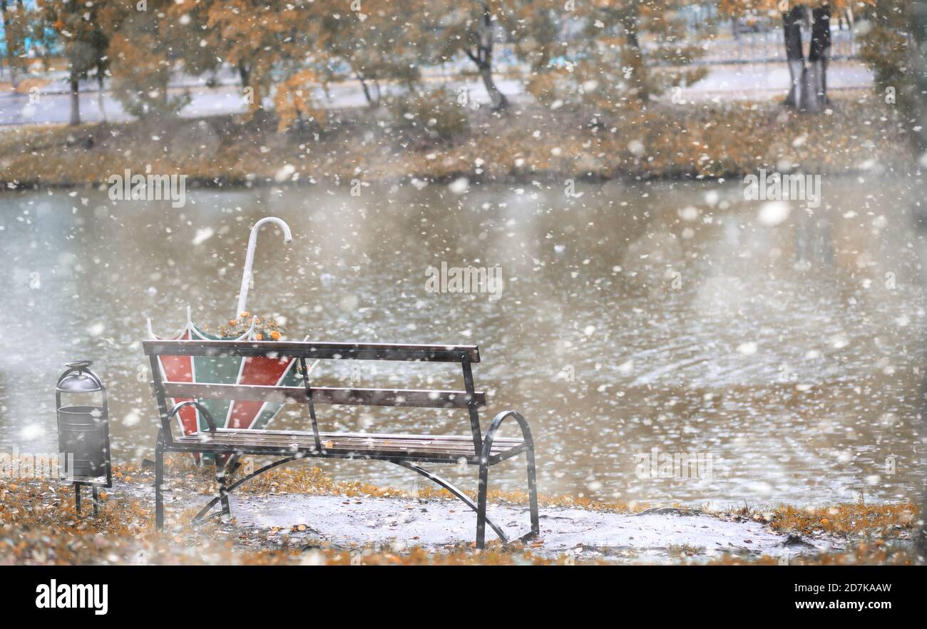 Autumn park in the first snow Stock Photo - Alamy