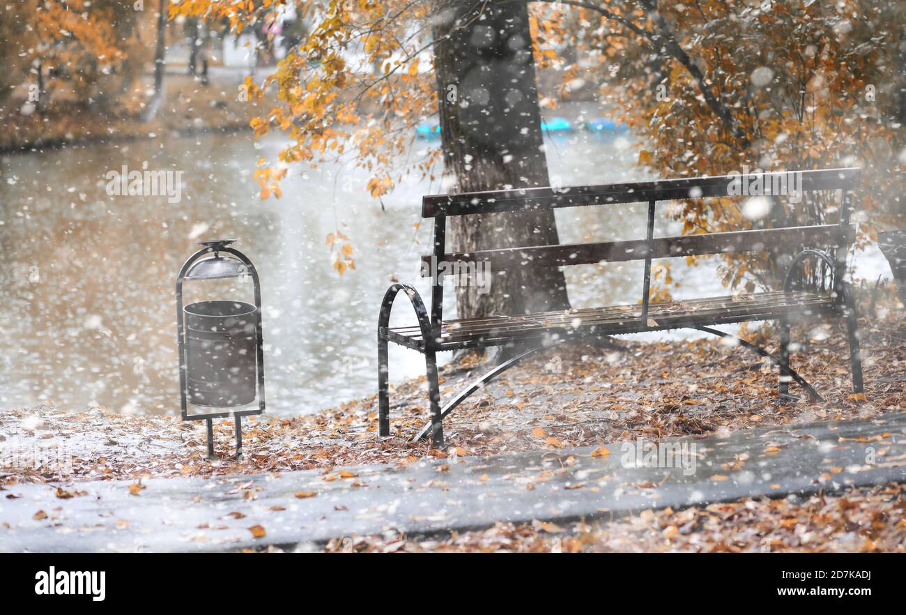 Autumn park in the first snow Stock Photo - Alamy