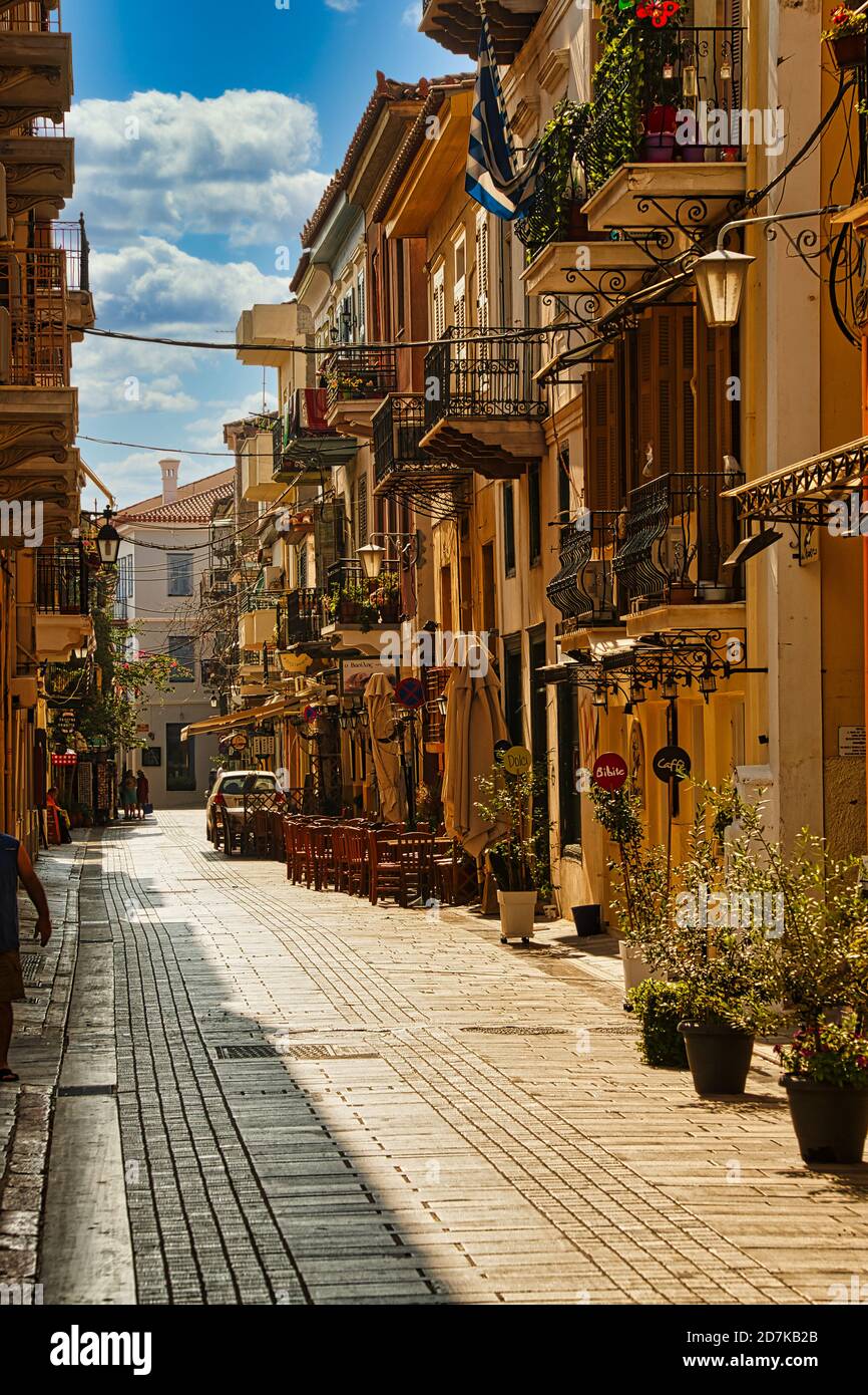 JUNE 2017, NAFPLIO, GREECE Traditional cozy greek street in old town ...