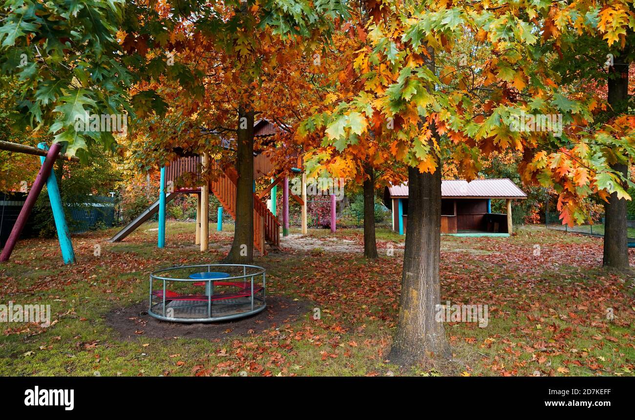 Children's playground in bright colors. The deciduous trees have ...
