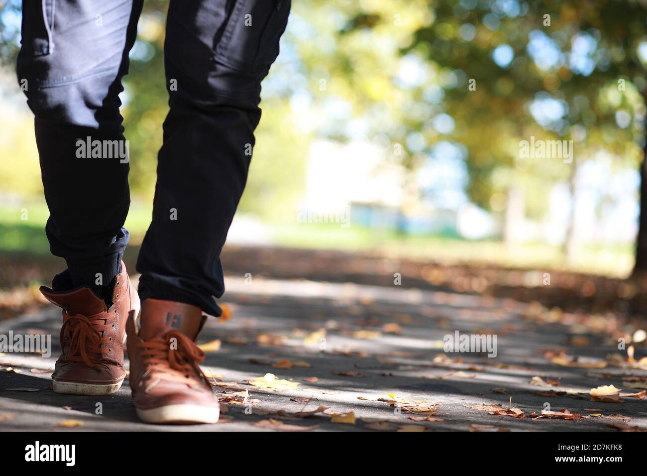 Autumn Park man walking along a path foliage Stock Photo - Alamy