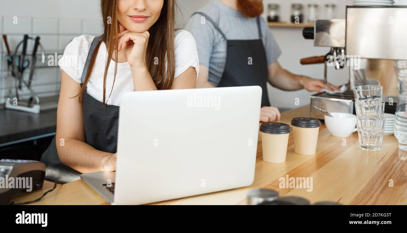 Coffee Business Concept - beautiful caucasian bartender barista or ...