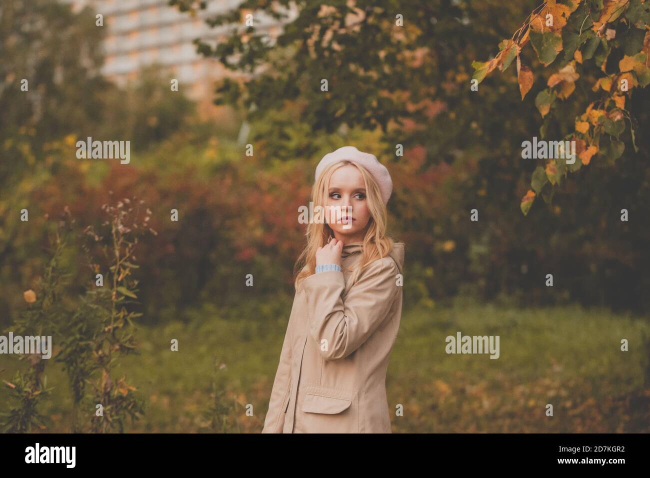 Attractive autumn woman on fall nature background Stock Photo - Alamy