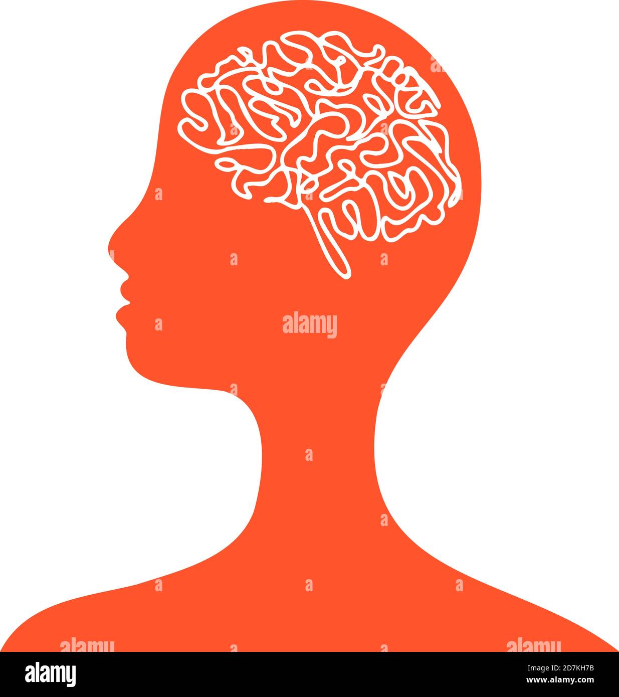 female human silhouette with line brain on white background. Symbol of ...