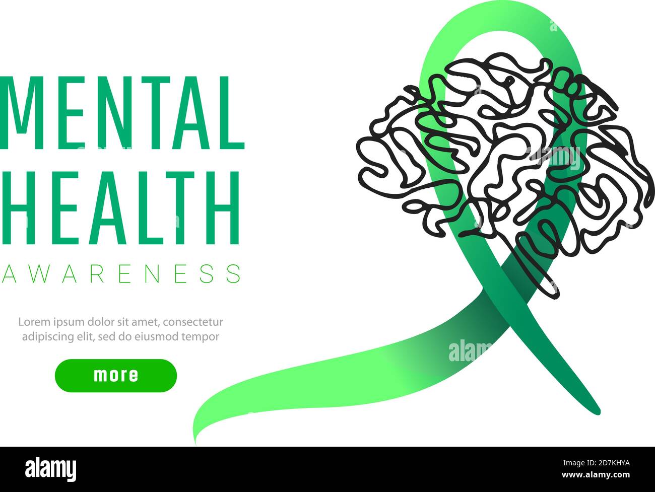 World mental health day concept. Green awareness ribbon with line brain ...
