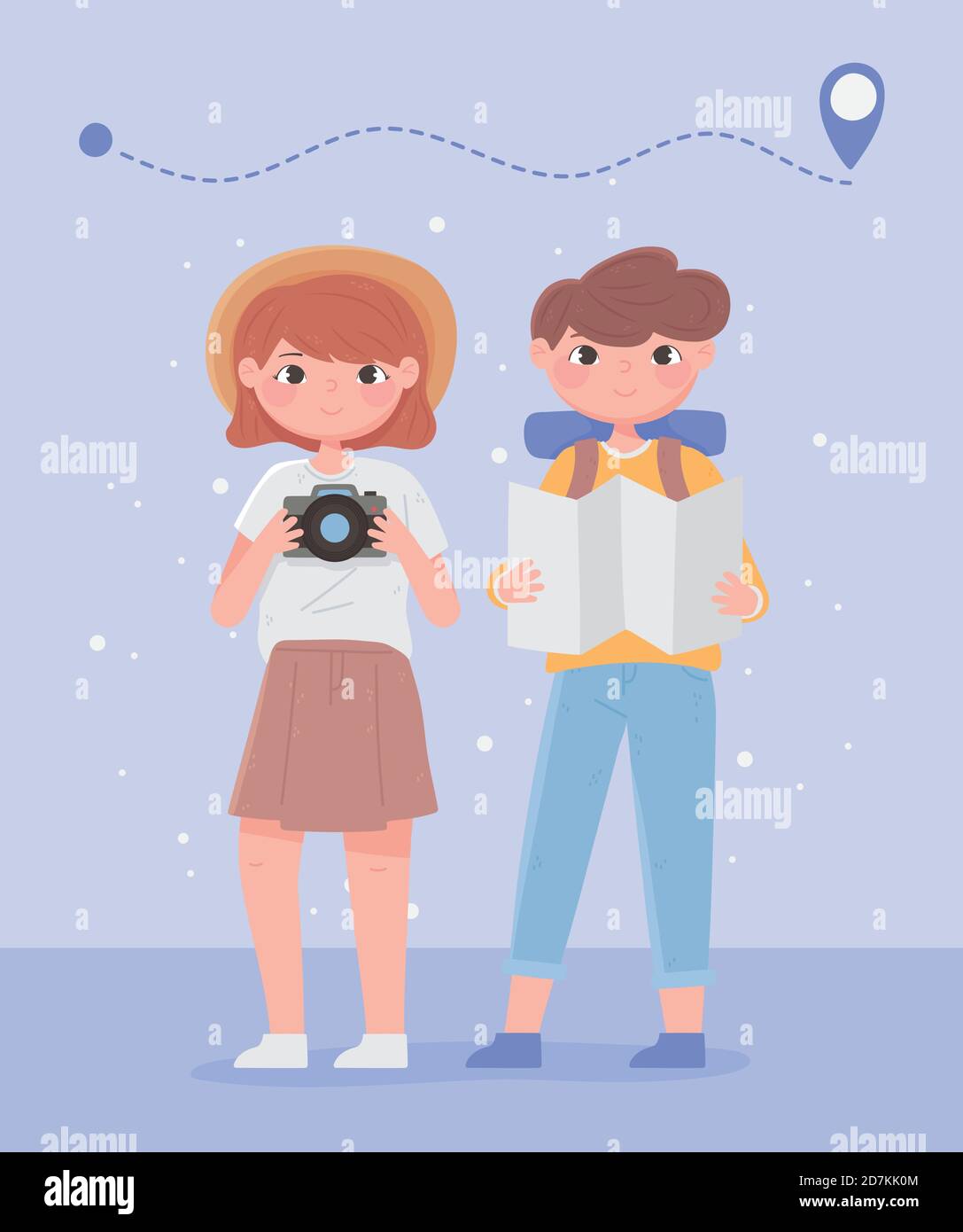 people traveling, man and woman cartoon with map location and camera ...