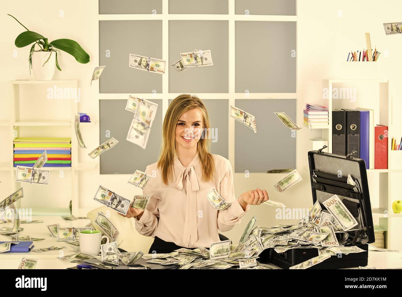 Finances is my passion. Girl with briefcase full of cash. Financial ...